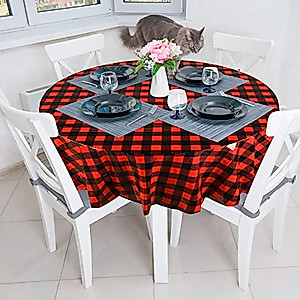 Remagr Christmas Disposable Checkered Tablecloth Round Plastic Buffalo Plaid Table Cloth 84 Inch Waterproof Gingham Cover for Picnic Camping Party Carnival BBQ (Red and Black, 6 Pieces)