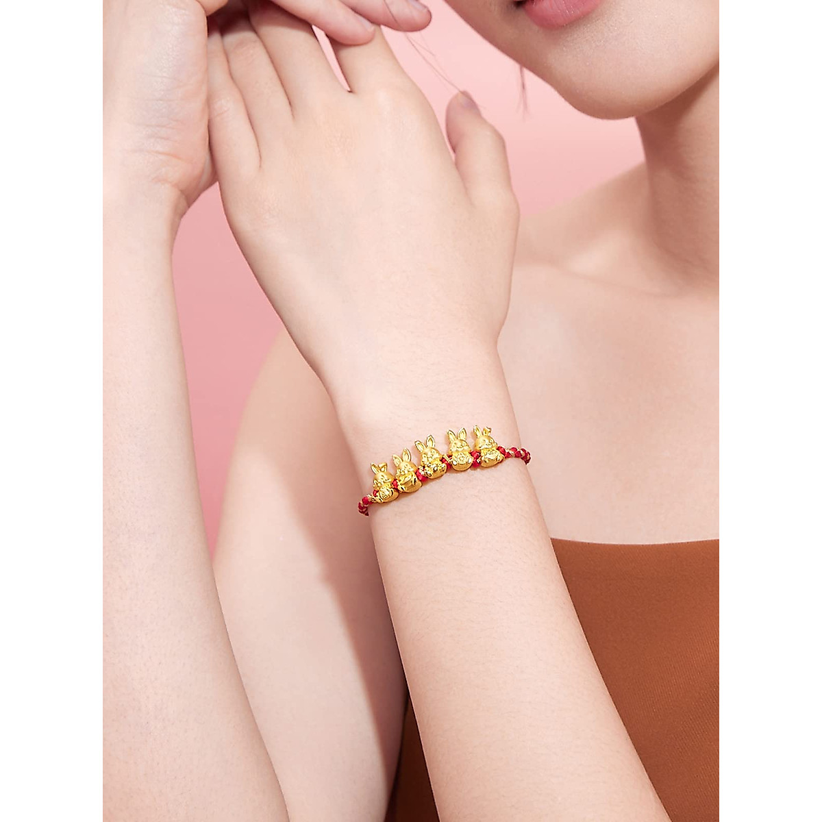 ZHOU LIU FU Real Gold Charm Bracelets for Women, Adjustable 5 Lucky Rabbit 24K Solid Gold Jewelry Braided Red Bracelet, Fortune Rabbit Charm Bracelets Lucky Bunny Pure Gold Bangle Bracelets