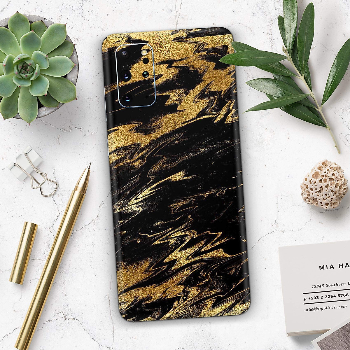 DesignSkinz Black & Gold Marble Swirl V5 Protective Vinyl Decal Wrap Skin Cover Compatible with The Samsung Galaxy S20 (Screen Trim & Back Glass Skin)