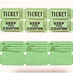 100 Green Colored Raffle Tickets Double Roll 50/50 Carnival Fair Split The Pot One Hundred Consecutively Numbered Fundraiser Festival Event Party Door Prize Drawing Perforated Stubs