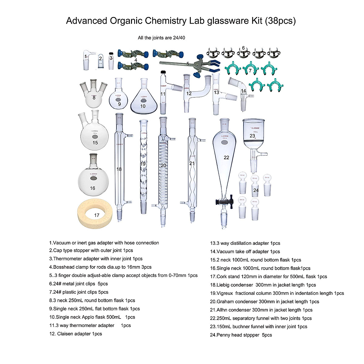 Laboy Glass Advanced Organic Chemistry Lab Glassware Kit Laboratory Glassware Apparatus (38pcs)