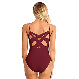 YiZYiF Women's Double Criss Cross Back V-Neck Ballet Dance Gymnastics Leotard Camisole Bodysuit Burgundy X-Large