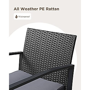 Aiho 3 Pieces Patio Furniture Set, Outdoor Wicker Bistro Rocking Chair Sets with Cushion, Porch Furniture Set with Glass Table, Modern Rattan Conversation Sets for Porches and Balcony (Grey Cushion)