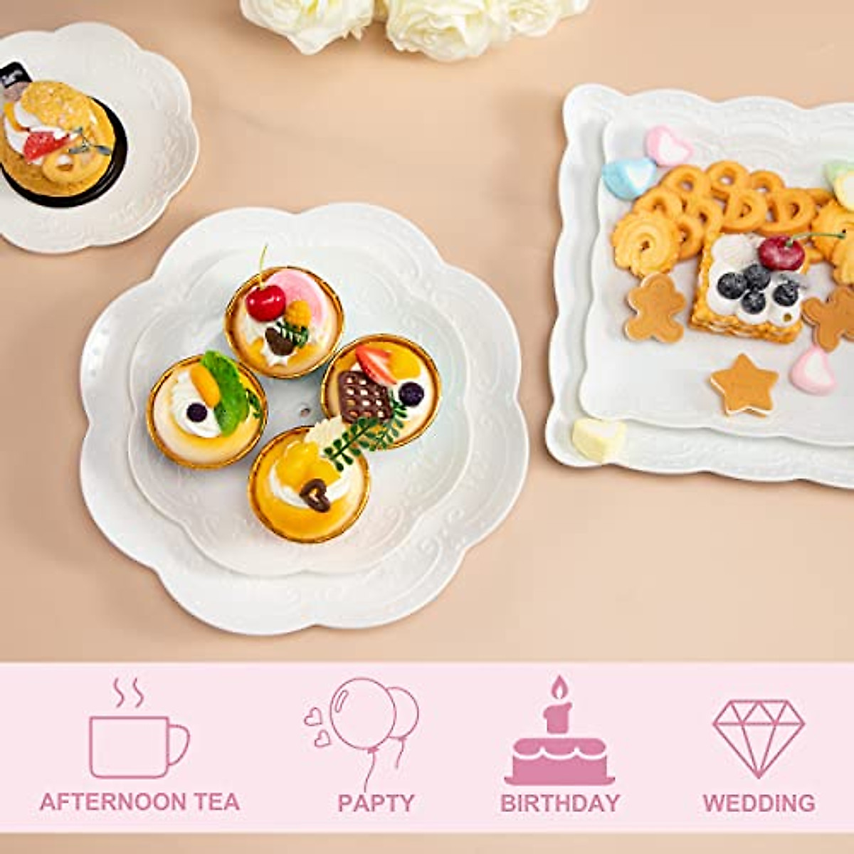 Supernal 3 Tier Cupcake Stands, 6pcs Plastic Trays, 4Pack Cupcake Dessert Stand, Party Trays Set, Cake Platters Includes 6 pcs Pastry Trays, 2 pcs Square Cake Trays, 2 pcs Round Cake Trays
