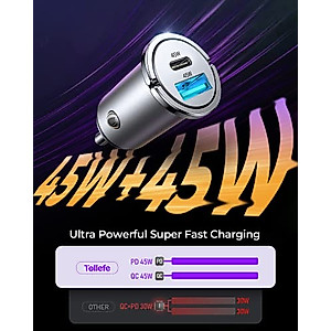 USB C Car Charger, [PD45W & QC45W]Dual Fast Ports Fast Charge Car Charger [All Metal & Mini]Cigarette Lighter Adapter for iPhone 14/13/12 Pro Max Samsung S22/21 Note20/10 Google Pixel, iPad Pro-Sliver