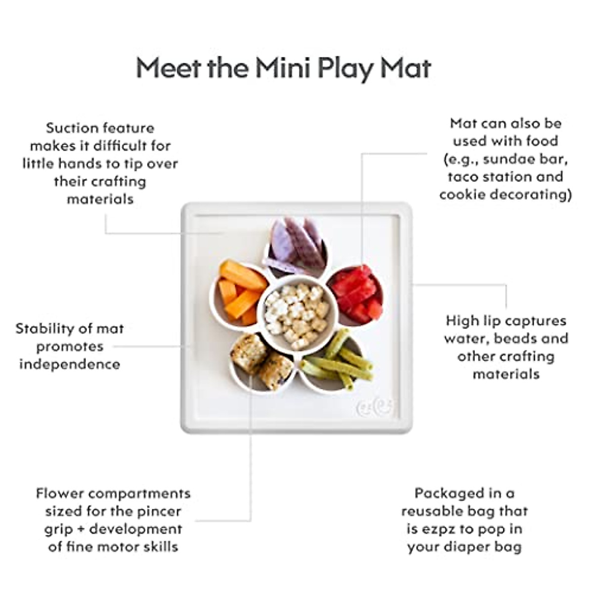 ezpz Mini Play Mat - 100% Silicone Suction Flower Plate with Built-in Placemat for Infants + Toddlers - Crafting + Snacks - Divided Plate - Dishwasher Safe (Cream)