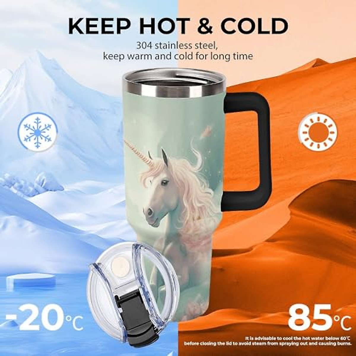 LLUTSNTH 40 Oz Vacuum Tumbler with Black Handle Leakproof Insulated Tumbler Two Horses Are Flying Stainless Steel Travel Mug with Lid And Straw Coffee Cup Cute Water Bottles Cup Holder Friendly