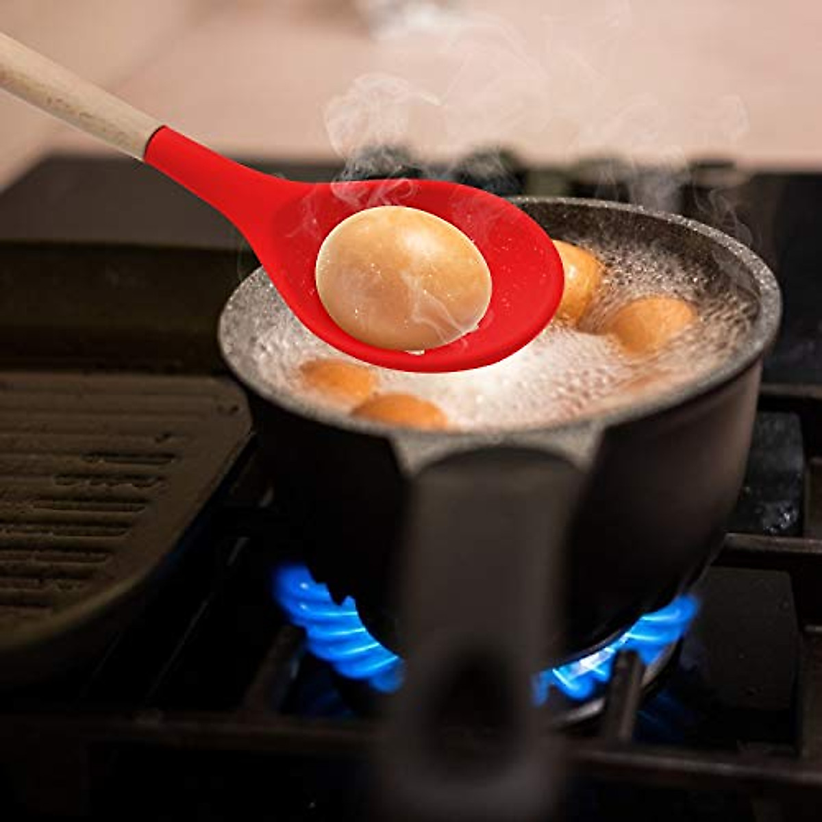 KUFUNG Silicone Slotted Serving Spoon, Wooden Handle Nonstick Mixing Spoon, Heat resistant up to 480°F. Silicone Kitchen Cooking Utensils Non-Stick Tool for Draining & Serving (Red)