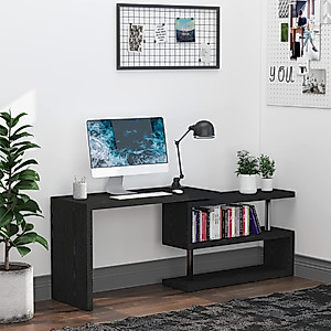 HOMCOM 360 Degree Rotating Corner Computer Desk, L Shaped Desk, Home Office Workstation with 3-Tier Storage Shelves, Black