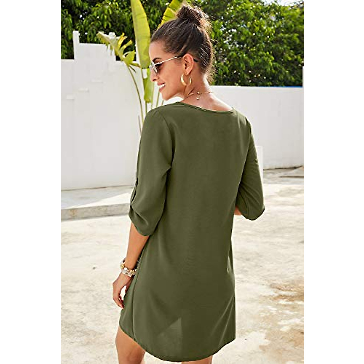 AlvaQ Womens Dress 2024 Summer V Neck Button Down Fall Short Sleeve A Line Swing Skater Tunic Dresses Beach Sundress Green Large