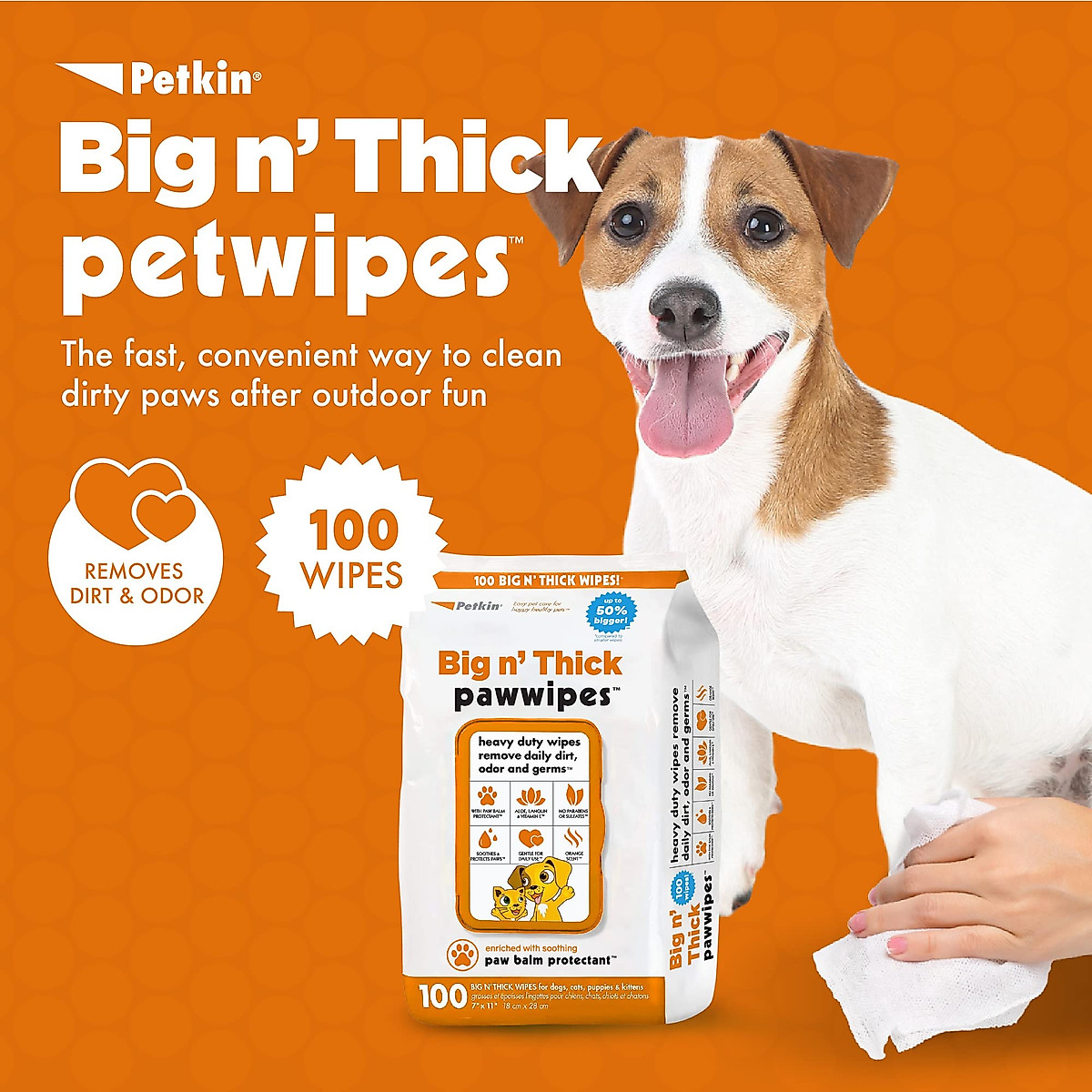 Petkin Big N' Thick Paw Wipes for Dogs, 100 Large Wipes - Clean Dirty Paws After Muddy Walks, with Paw Balm Protectant - Keep Floors and Furniture Clean - Ideal for Home or Travel - Orange Scent