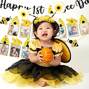 3 Pcs Happy 1st Bee Day Party Decorations, Bumble Honey Bee 1st Birthday Baby Photo Banner and Cake Topper, Bee Decorations Bee Birthday Party Decorations Bee Cake Decorations for Boys Girls Newborn