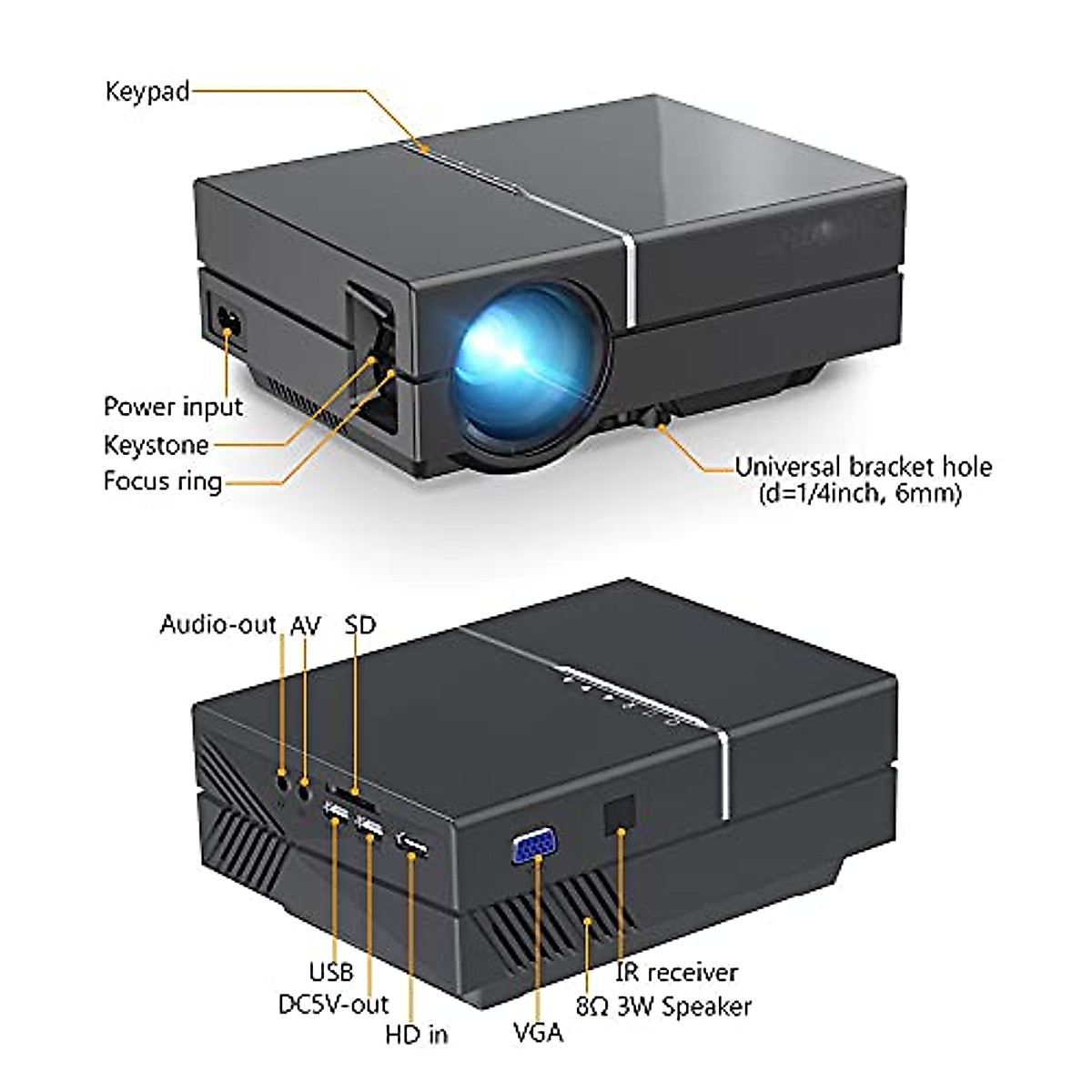 FZZDP K8 Mini LED Video Portable 1080P 150inch Home Theater Digital Projector for 3D 4K Cinema ( Color : K8 add TV Box )