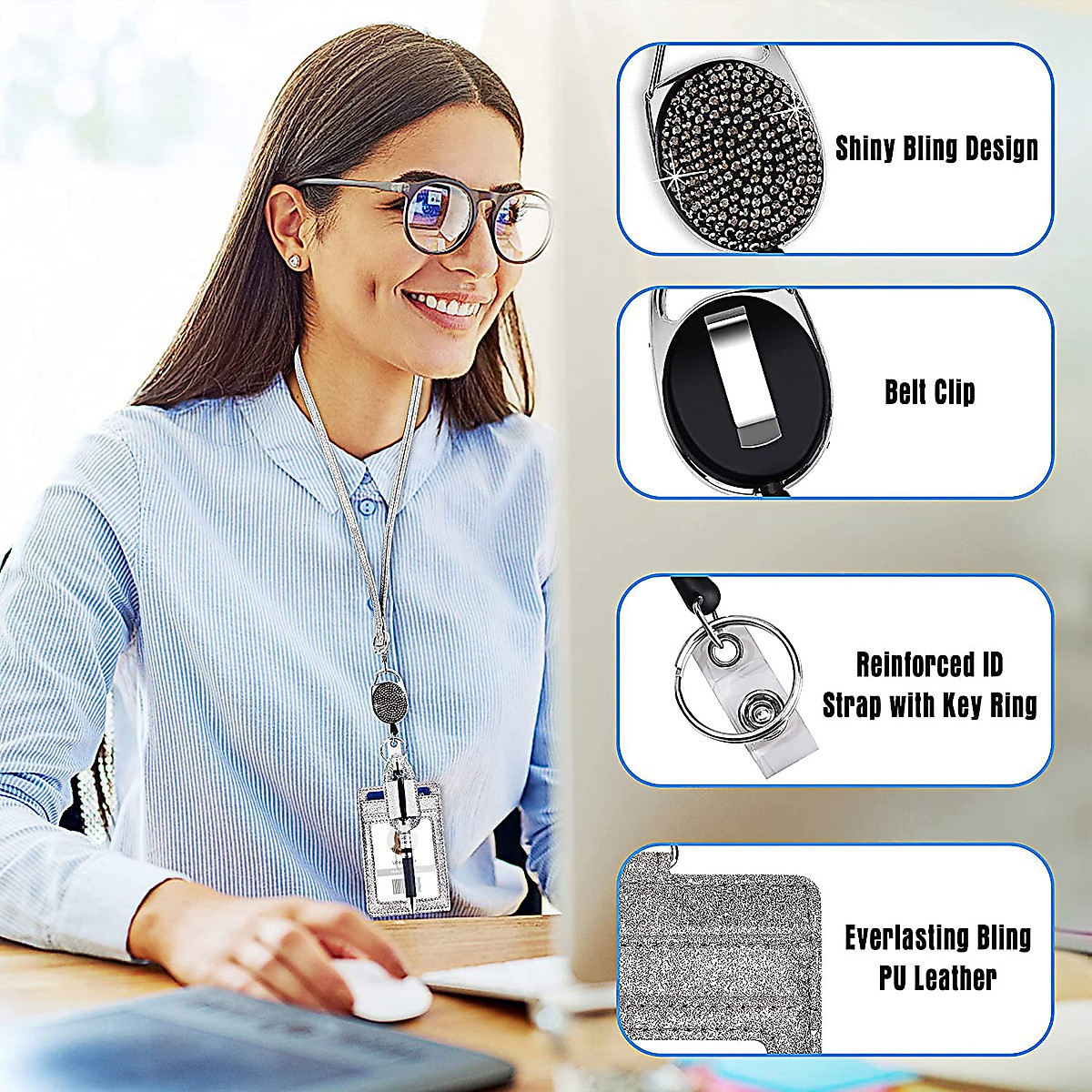 Retractable ID Badge Holder, Multipurpose Bling Rhinestone Badge Reel with Belt Clip, Shiny PU Leather Badge Holder with Lanyard and Pen Holder for Nurse, Teacher, Student, Office Worker (Silver)