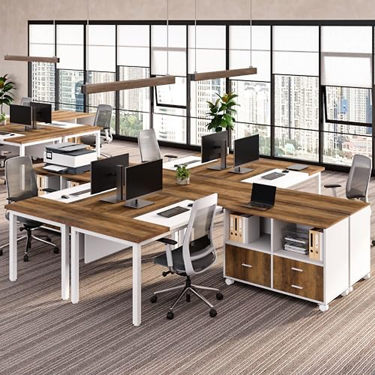 LITTLE TREE 63-inch L-Shaped Executive Computer Desk and File Cabinet, Office Desk with Drawers Filing Cabinet,Credenza Desk Set for Home Office