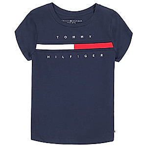 Tommy Hilfiger Girls' Short Sleeve T-Shirt with Flag Logo, Cotton Blend Tee with Tagless Interior, Navy Blazer, 5