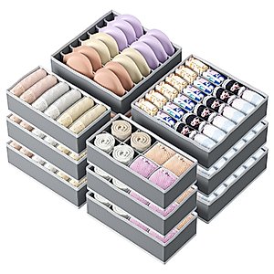 12-Pack Closet Drawer Organizer, 135 Cells Sock Underwear Organizer, Foldable Non-woven Dresser Fabric Storage Box Divider Bins for Bra, Socks, Underware, Ties, Clothes, Scarf and Swimsuit (Gray)