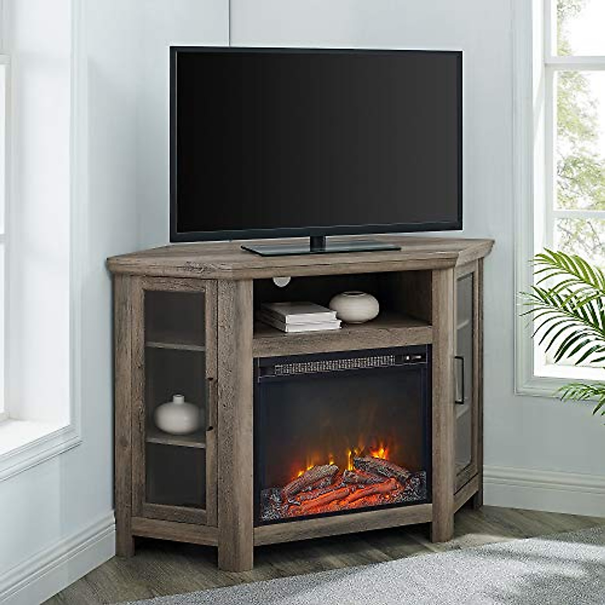 Walker Edison Alcott Classic Glass Door Fireplace Corner TV Stand for TVs up to 55 Inches, 48 Inch, Grey Wash