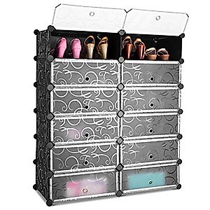 Tangkula 12-Cube Shoe Rack Organizer, DIY Cubes Storage Cabinet, Modular Plastic Shoes Cabinet with Transparent Doors, 6-Tier Portable Shoe Tower Shelf Storage Stand for 24 Pairs Shoes, Slippers