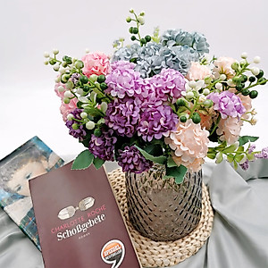 SNAIL GARDEN 40Heads Artificial Hydrangea Flowers, 4Pack Fake Silk Mini Hydrangea with 1 Vase Kraft Paper Bag-Mini Artificial Chrysanthemum Ball Perfect for Home Office Wedding Baby Shower Party Decor