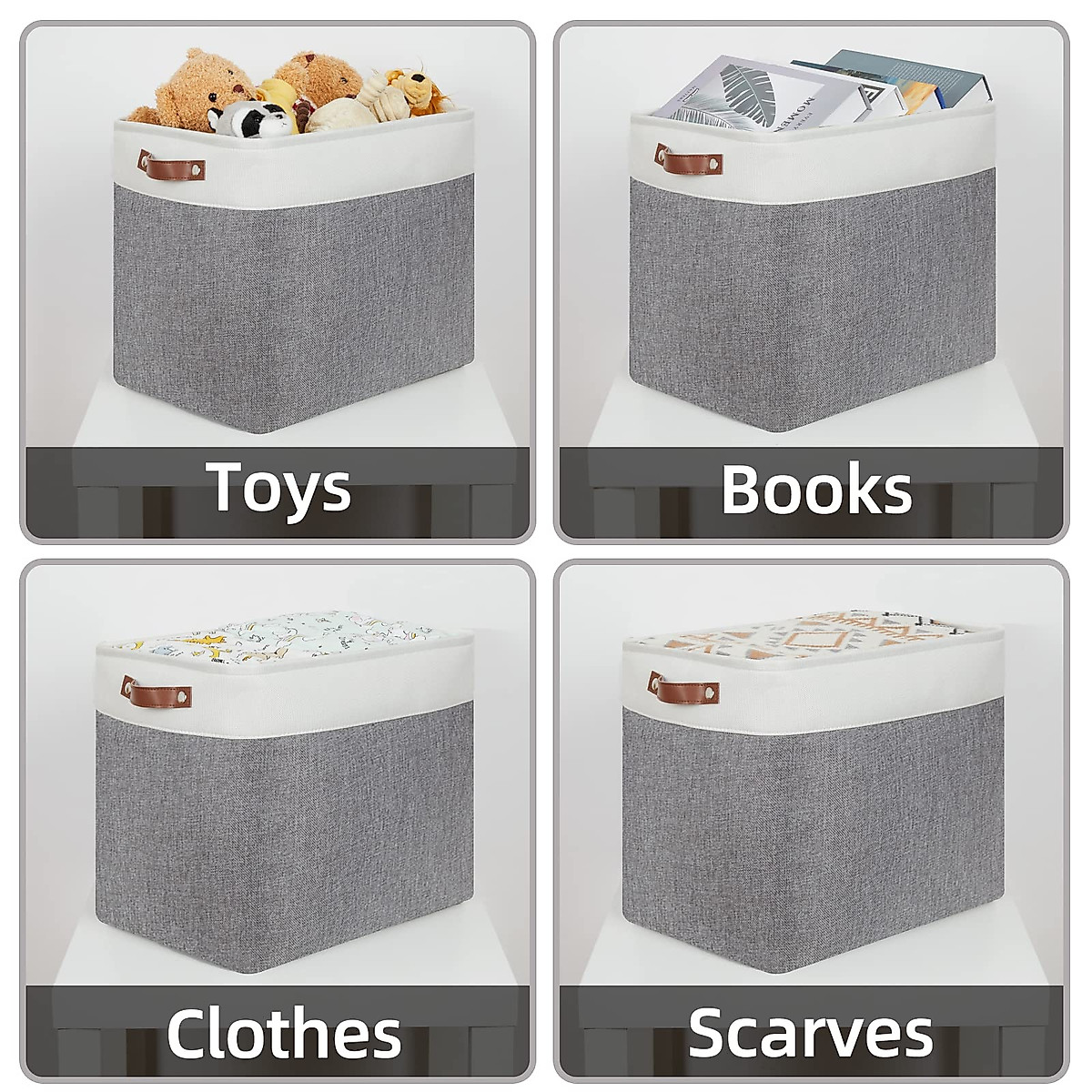 HNZIGE Large Storage Baskets Rectangular Storage Bins Baskets for Organizing [2 Pack] Tall Shelf Baskets with Handles, Decorative Organizer for Storage Home, Closet (White Grey)