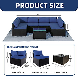WWR 7 Pieces Patio Set, Wicker Conversation Sets with Cushion and Table, 7-Pieces Couch,Patio Furniture Set for Porch Poolside Backyard, Brown Frame Modular Sofa Set