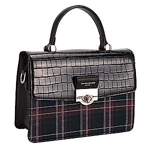 DAVID JONES, Jones Women Fashion Checker ShIng Design Satchel Handbag Classic Work Shoulder Small Bag w/Crossbody Black, 6630-1