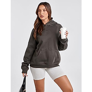 Lauweion Women Solid Basic Fleece Letter Loose Hoodie Sweatshirt Long Sleeve Kangaroo Pocket Drop Shoulder Pullovers Top Dark Grey