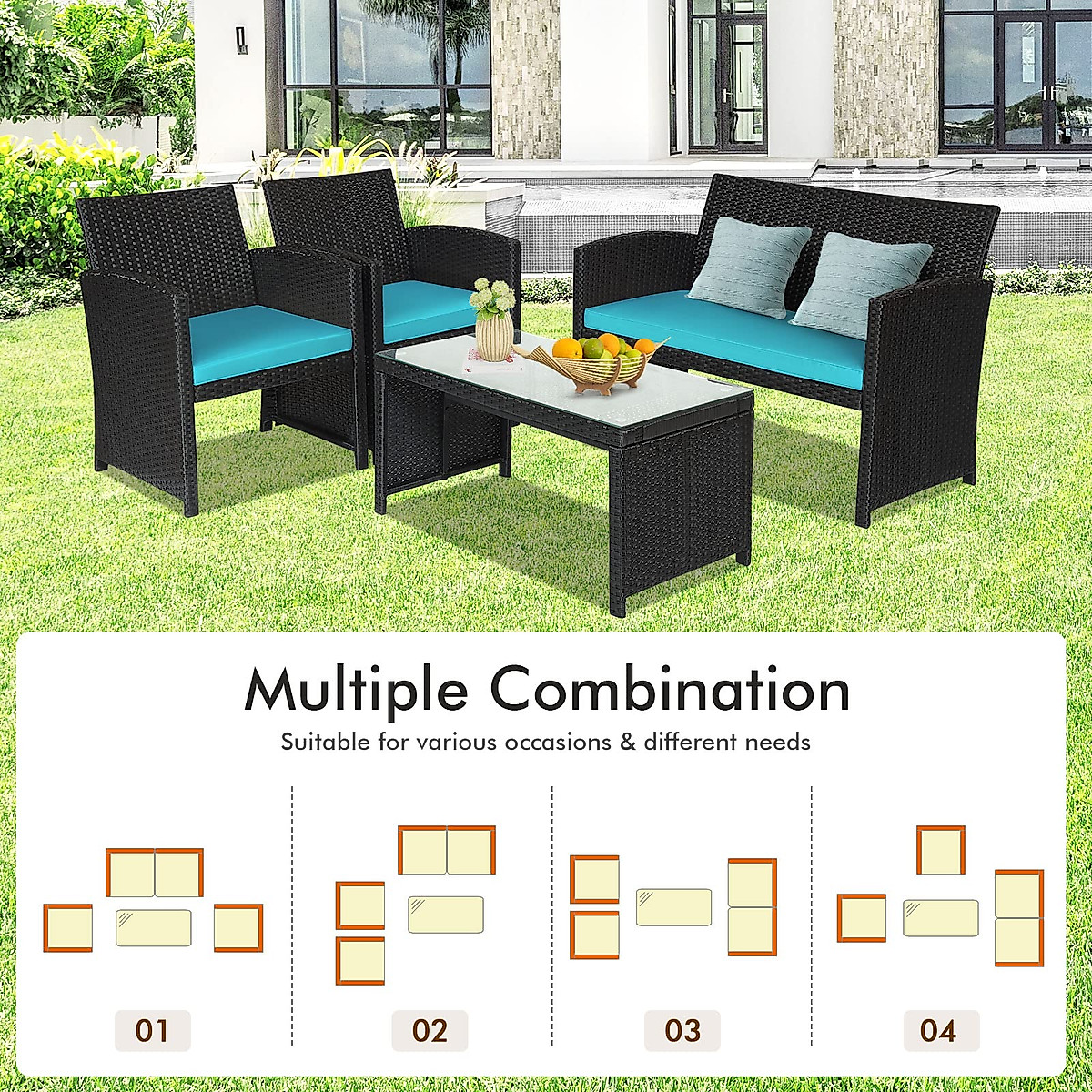 Goplus Rattan Patio Furniture Set 4 Pieces, Outdoor Wicker Conversation Sofa and Table Set with Soft Cushions & Tempered Glass Coffee Table for Balcony Garden Backyard (Turquoise)