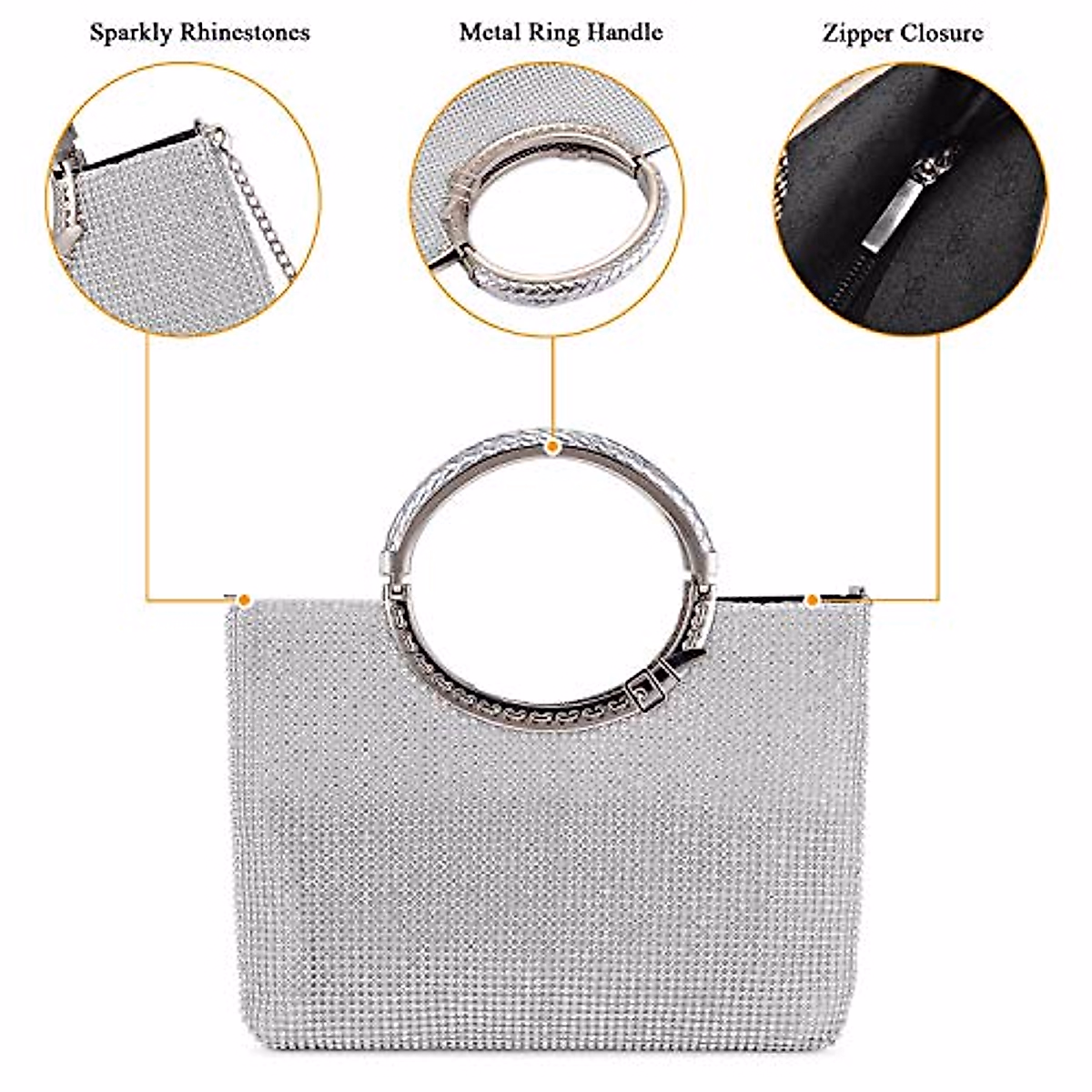 UBORSE Rhinestones Crystal Clutch Evening Bags for Women Ring Handle Wedding Party Clutch Purses Cocktail Prom Handbags Silver