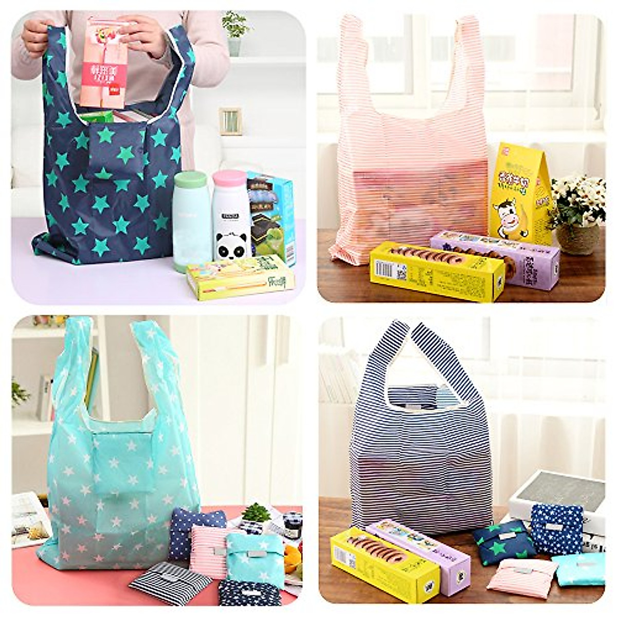 Kaxich Reusable Grocery Shopping Bags Foldable Grocery Bags Eco-friendly Shopping Bags Shopper Tote Bag Folding to fits in Pocket (4 Pack) Waterproof and Machine Washable