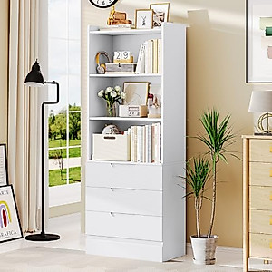 Hasuit Tall Bookshelf with Drawers Bookcase with 3 Drawers and 3-Tier Open Shelves Tall White Bookshelf with Anti-Tipping Kits Wood Bookshelf with Storage for Study Living Room Kitchen Bathroom, White