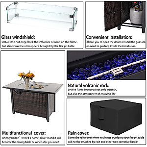 44 in Propane Fire Pit Table,Rattan Fire Pit Table with Glass Wind Guard,60,000 BTU Auto-Ignition Gas Firepit,CSA Certification and Black Tempered Glass Tabletop,for Outdoor, Patio, Lawn…