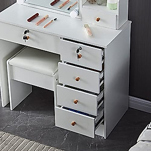 Jansaimei White Vanity Table Set with Mirror and Lights and 3 Color Light Settings, Makeup Vanity Desk Multiple Drawers Capacity with Chair and Mirror. Dressing Table for Girls and Women.