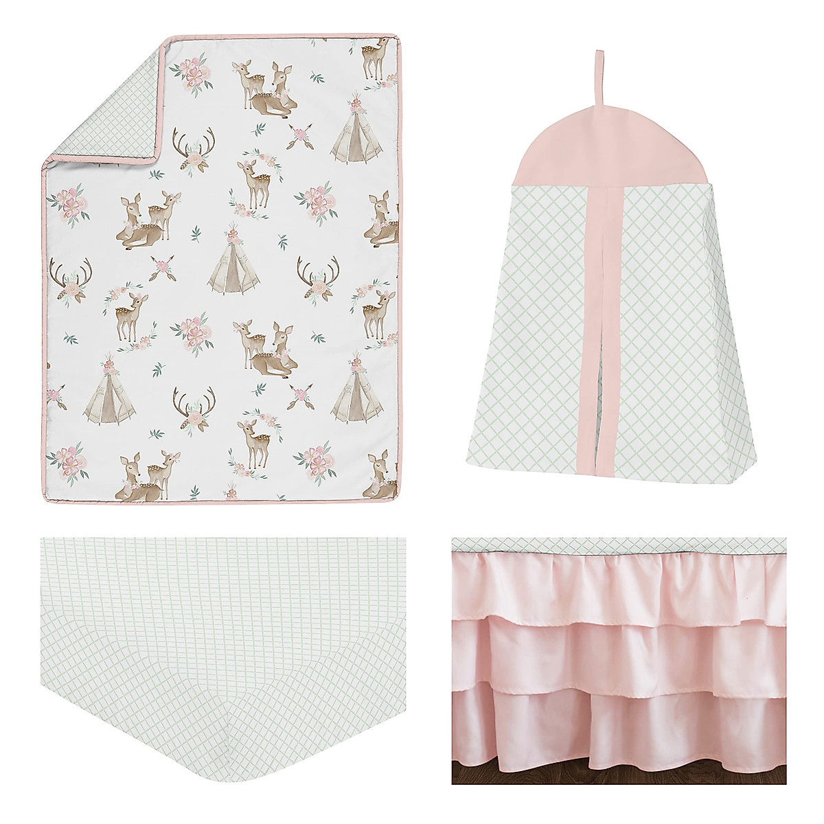 Sweet Jojo Designs Blush Pink, Mint Green and White Boho Watercolor Woodland Deer Floral Baby Girl Crib Bedding Set - 4 Pieces