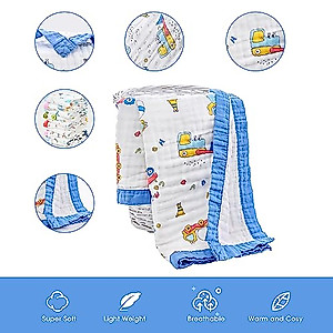 Jay & Ava Baby Muslin Blanket, Soft Toddler Cotton Blanket for Boy, 4 Layers Bed Throws for Baby Crib, Multicolor Printed Summer Quilt for Baby, Large 42” x 42” (Blue Digger)