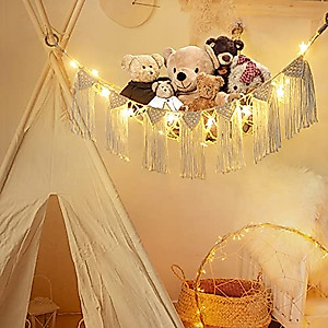 Dremisland Stuffed Animal Toy Hammock with Fairy Lights Macrame Boho Plush Toy Net Hammock with Tassels-Stuff Animals Organizer Storage Corner Plush Toys Net Holder for Nursery Play Room, Kids Bedroom