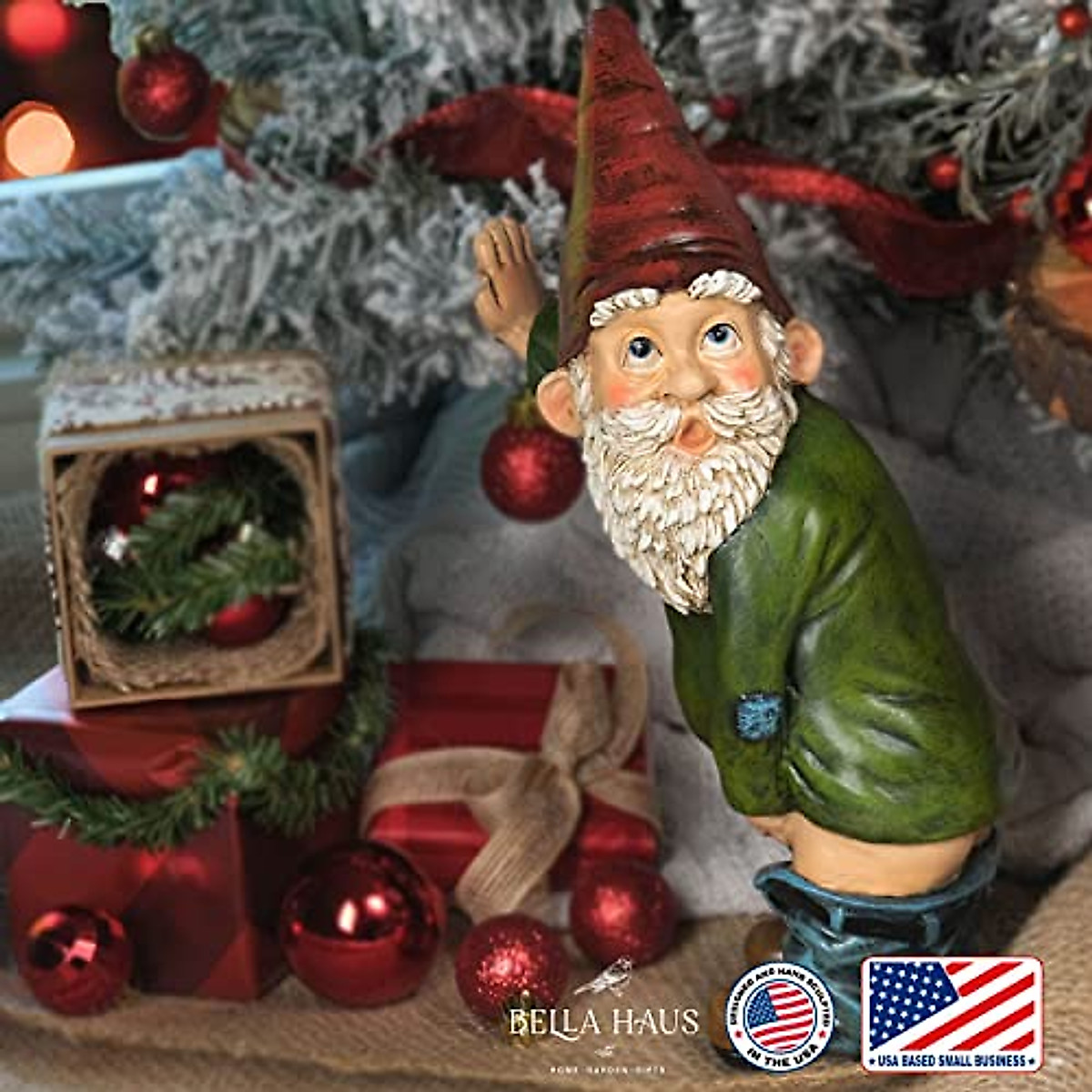 BELLA HAUS DESIGN Gnome Statue - 10.3" Tall Polyresin - Willy The Peeing Garden Gnome for Lawn Ornaments, Indoor or Outdoor Decorations - Red and Green Funny Gnomes