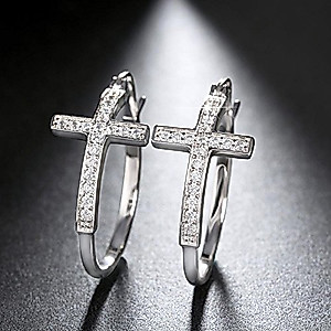 uPrimor Simple Medium Average Size 30mm(1.25 In) CZ Cubic Zirconia Cross Hoop Earrings, for adults only