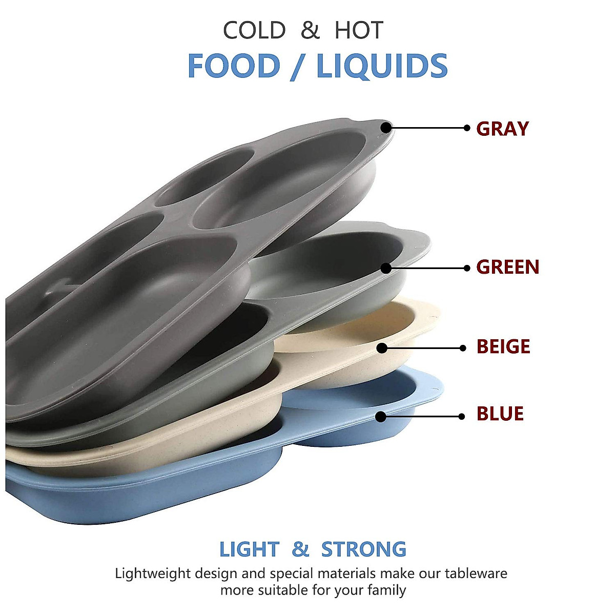 shopwithgreen Divided Plates for Kids Adults, 12 Inch (4PCS) Unbreakable Wheat Straw Section Plates, Large Lightweight Reusable Compartment Lunch Trays, BPA Free Dishwasher & Microwave Safe
