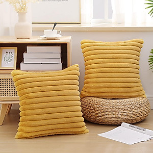 Pallene Faux Fur Plush Throw Pillow Covers 18x18 Set of 2, Luxury Soft Fluffy Striped Decorative Pillow Covers for Sofa, Couch, Living Room, Mustard Yellow
