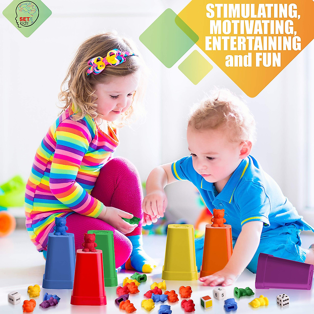 SET4kids Counting Bears with Matching/Sorting Cups, 4 Dice, Tweezers and an Activity e-Book. for Toddler Games | Early Childhood Education. 71 pc Game Set