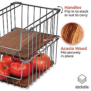 The Ría Safford Collection by iDesign Open Front Wire Basket with Acacia Wood, 14" x 10" x 6", Charcoal