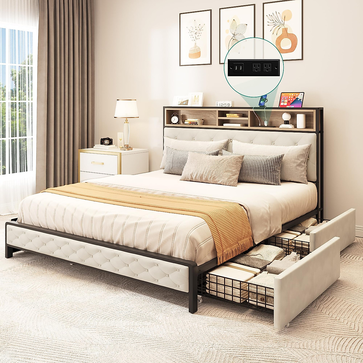 DWVO Queen Size Storage Bed Frame with 4-Drawer, Upholstered Platform Bed Frame with USB Charging Ports & Bookcase Headboard, Simple Setup, No Requirement for Box Spring (Beige)