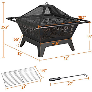 Yaheetech Fire Pit 32in Fire Pits for Outside Outdoor Fireplace Large Square Wood Burning Fire Pit Heavy Duty for Patio BBQ Camping Bonfire with Spark Screen, Mesh Cover, Poker