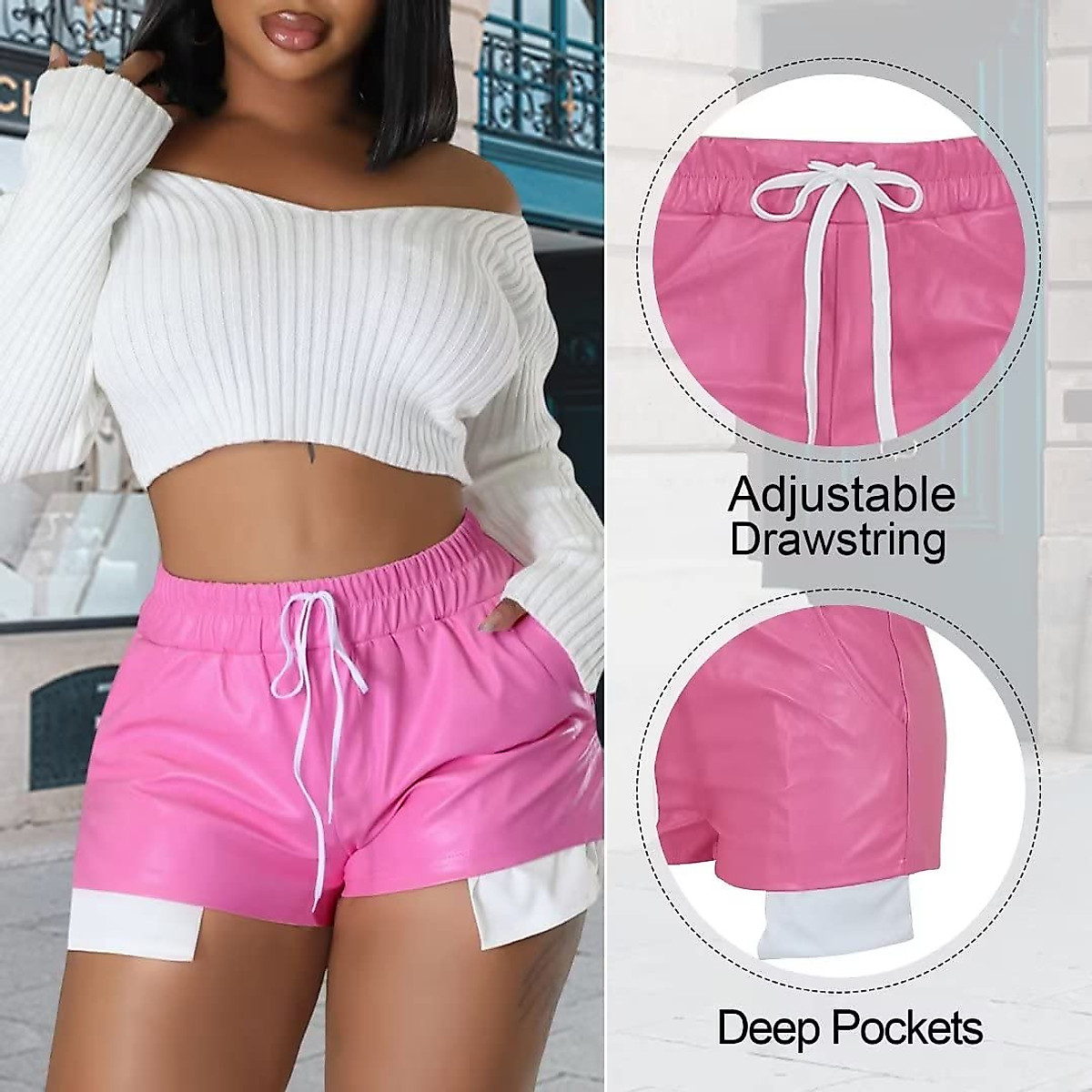 Aotasely Latex Tight Faux Leather Mini Shorts for Women Sexy PU Coated Shorts Deep Pockets Patchwork Nightwear Pink L