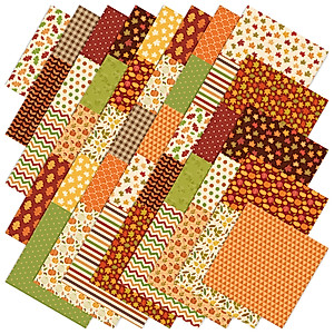 JarThenaAMCS 40Pcs Fall Cotton Fabric Bundles 10 x 10 Inch Maple Leaf Pumpkin Dot Plaid Stripe Fat Quarters Autumn Thanksgiving Sewing Fabrics for DIY Craft Party Decor