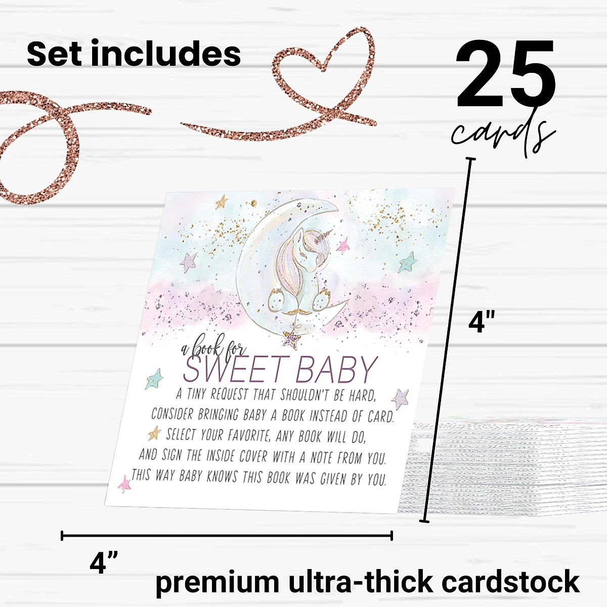 Unicorn Books for Baby Shower Cards - 25 Pack - Cute Invitation Inserts for Girls - Bring a Book Instead of Cards Poem - Storybook Theme Ideas