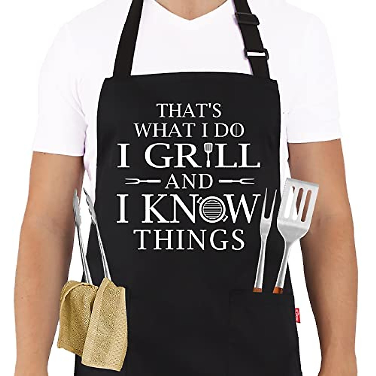 ALIPOBO Funny Grilling Aprons for Men - BBQ Cooking Apron with 2 Pockets, Adjustable Neck Strap and 40" Long Ties - That's What I Do I Grill and I Know Things