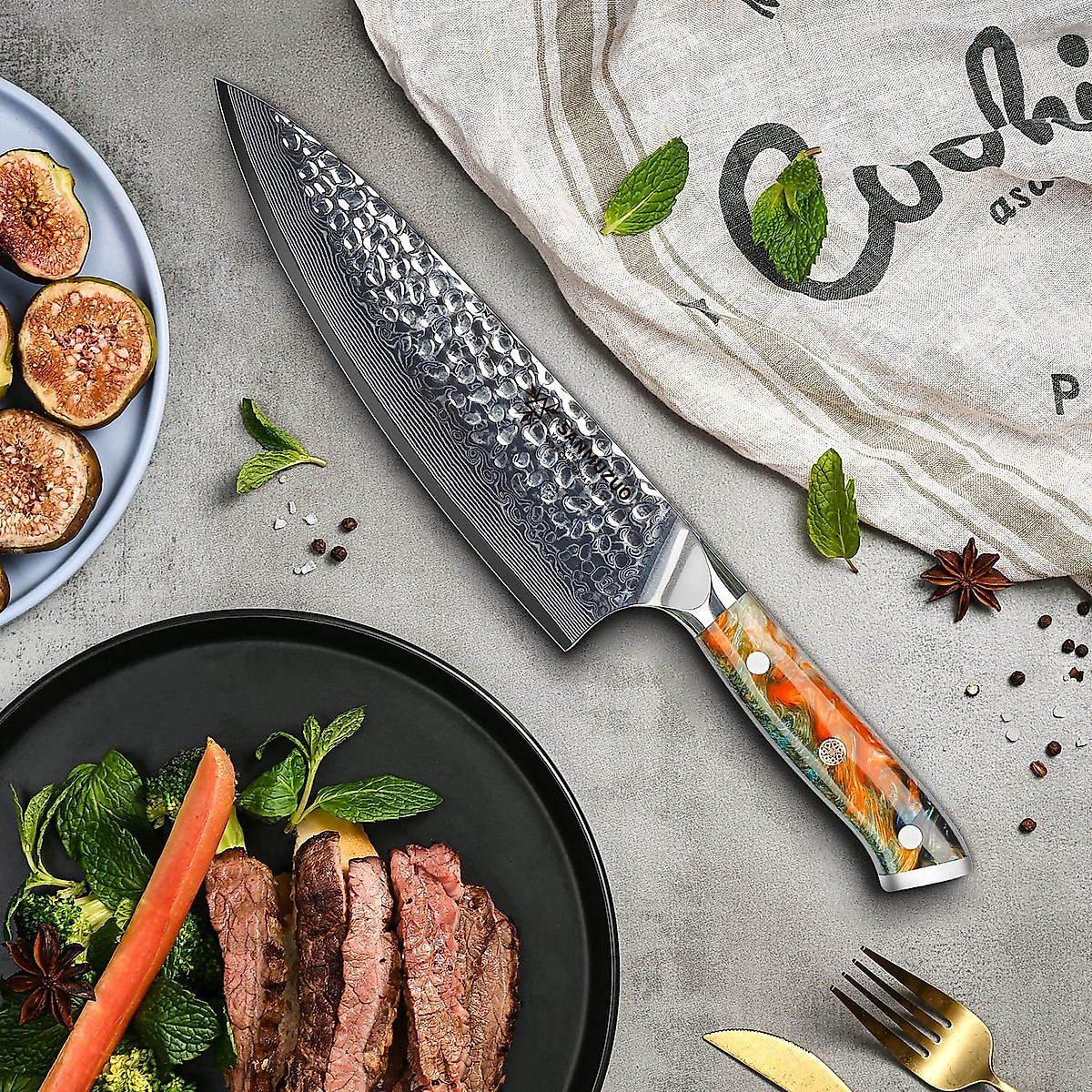SANMUZUO 8" Chef Knife - Professional Kitchen Knife - Hammered Damascus Steel & Resin Handle - YAO Series